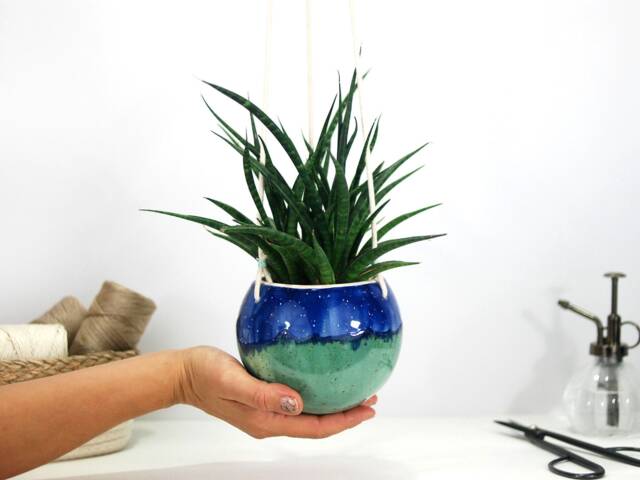 Turquoise & Blue Ceramic Hanging Planter - Handmade Boho Wall Decor ...