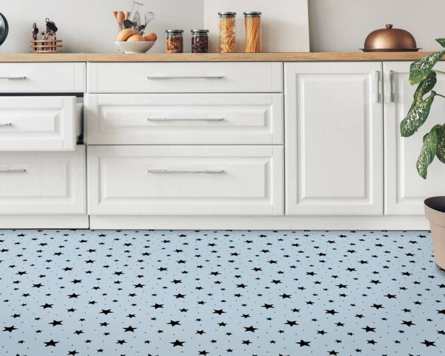 Stars Stamps Pattern Vinyl Flooring, Blue Retro Floor Art, Black Gift ...