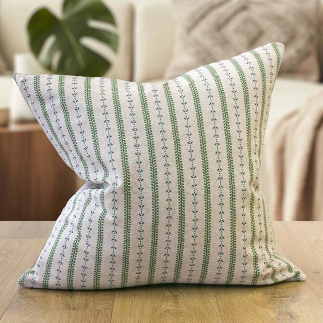 Cotswold Countryside Stripe Cushion. Cottagecore Green & Blue Floral ...