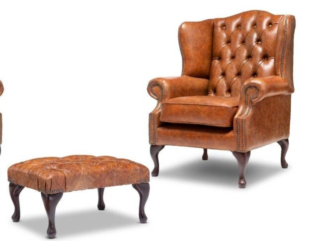 Chesterfield High Back Wing Chair & Footstool in Vintage Tan Leather by ...