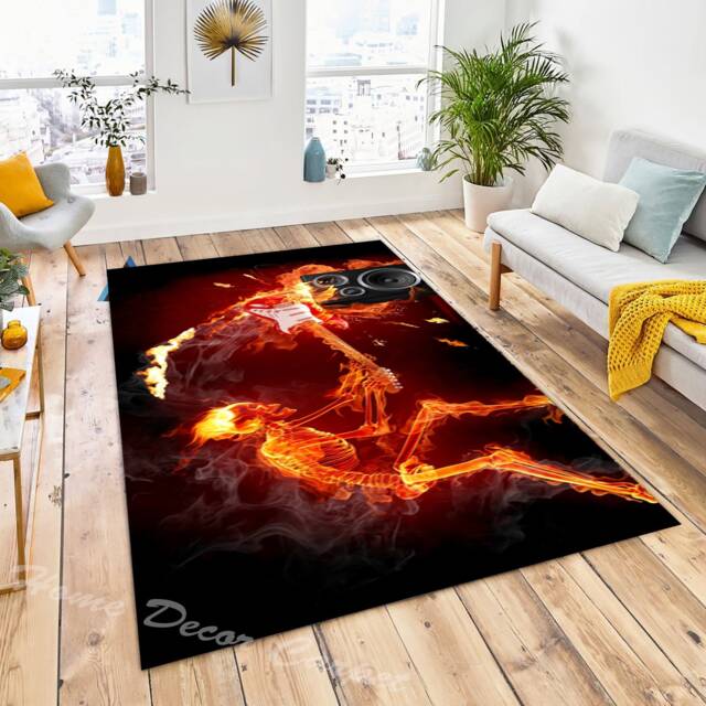 Black Stereo Speaker, Guitar, Fire, Music, Skeleton, Skull, Rug For ...