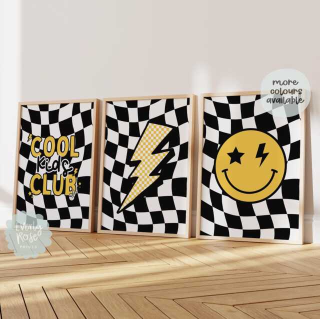 Set Of 3, Checkerboard Retro Style Prints, Smile Face Cool Kids Club ...