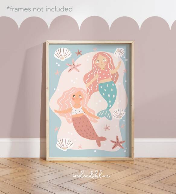 Mermaids & Shells Print in Pink Blue, Unframed Under The Sea Nursery ...