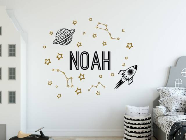 Boy Name Space Decal, Personalized With Planet Rocket Decal, Nursery ...