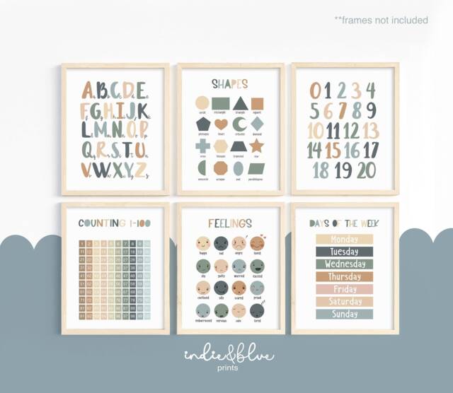 Set Of 6 Educational Prints in Blue Green, Alphabet & Numbers Prints ...