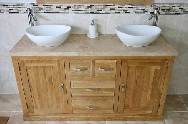 Solid Oak Bathroom Double Vanity Unit Cabinet Travertine Ceramic Basin ...