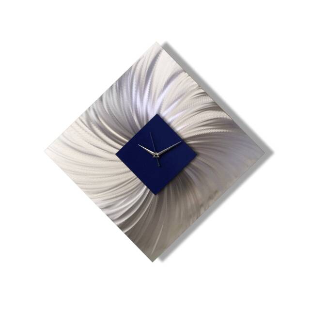 Navy Blue Wall Clock - Large Silver Modern Art, Unique Abstract Metal ...