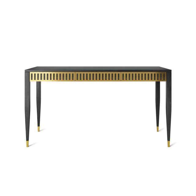 Black Oak Office Desk With Three Solid Drawers Brass Fronts, Mid ...