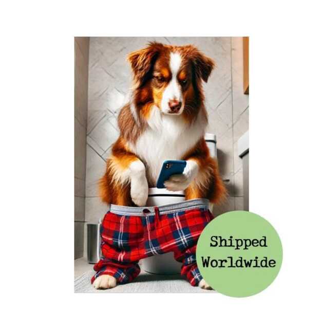 Red Australian Shepherd On Toilet Print - Dog Cell Phone Tartan Pjs ...