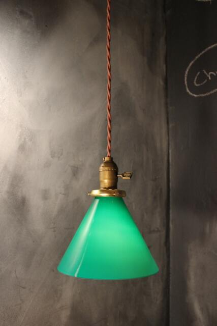 Vintage Gaming Pendant Light With Green Glass Cone Shade - Industrial ...