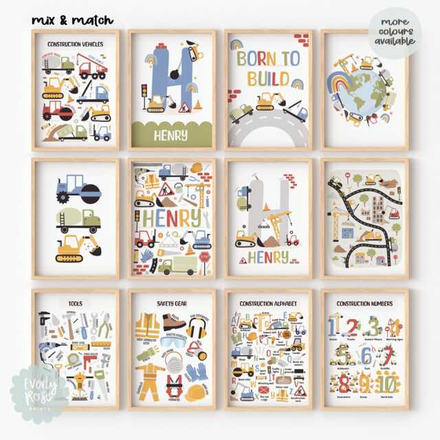 Set Of 2 3 4 6, Personalised, Construction Prints, Transport Boys ...