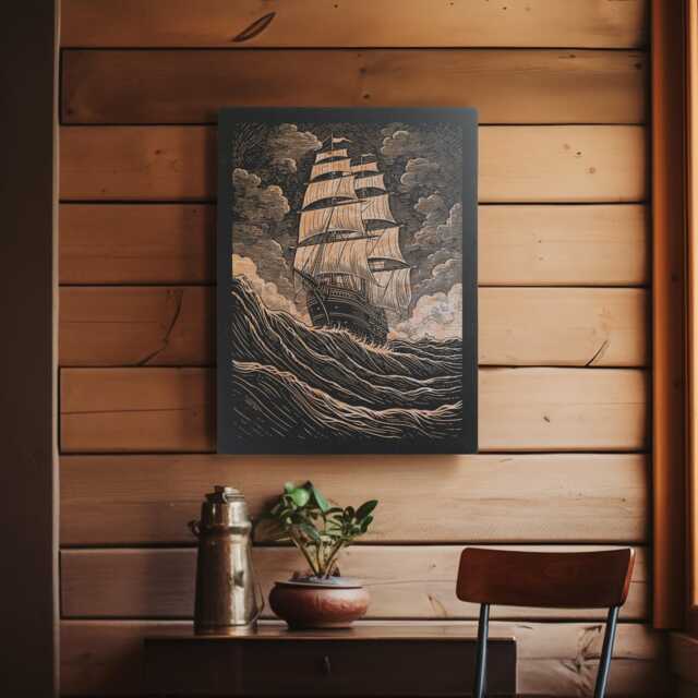 Clipper Ship Engraved Wood Panel - Vintage Nautical Block Print Wall ...