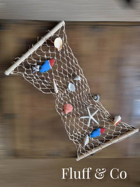 Hanging Fishing Net With Natural Sea Shells & Wooden Fish, Nautical ...