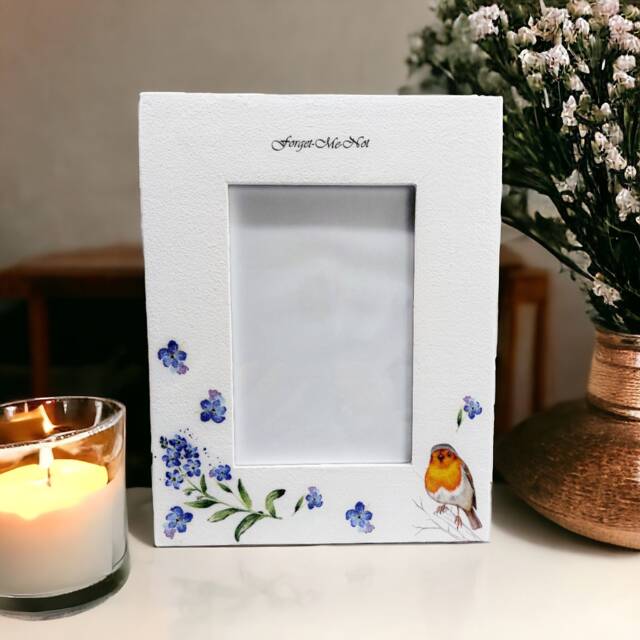 Robin & Forget Me Not Flowers Memorial Photo Frame Floral Wooden ...