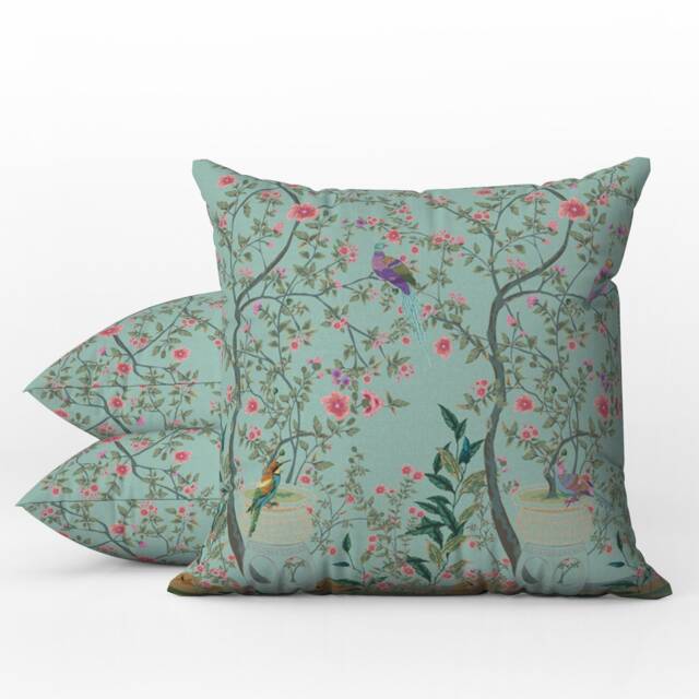 Outdoor Pillows - Weatherproof Garden Cushions Chinoiserie Floral Pattern Oriental Duck Egg ...
