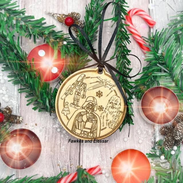 Vader Wooden Christmas Bauble Black Ribbon Star Space Chewbacca B1 ...