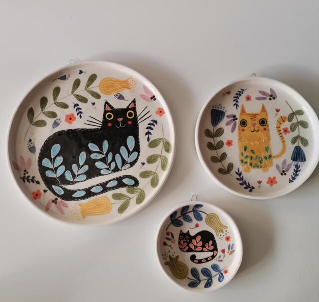 Whimsical Cat Lovers' Ceramic Wall Plate Set, Hand-Painted Trio With ...