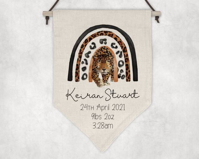 Personalised Leopard Rainbow Nursery Wall Hanging, Decor, Birth Stat ...
