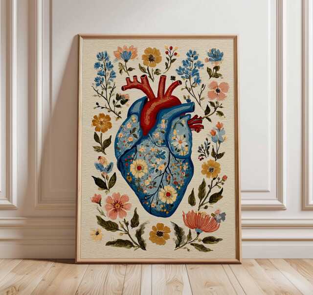 Floral Human Heart Art Print, Botanical Anatomy Wall Art, Medical ...