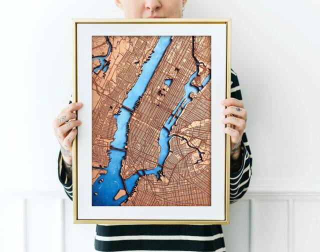 Vintage Woodcut Map. Wall Art. Hand Painted Map Of New York. Wooden ...