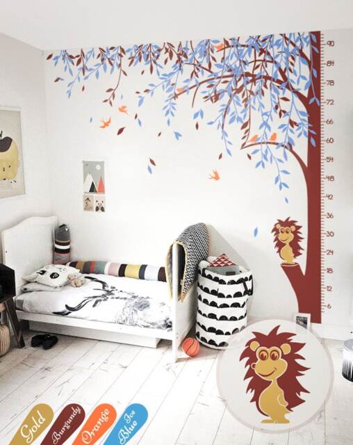 Large Tree Wall Decal Willow Mural Sticker With Growth Chart & Hedgehog ...