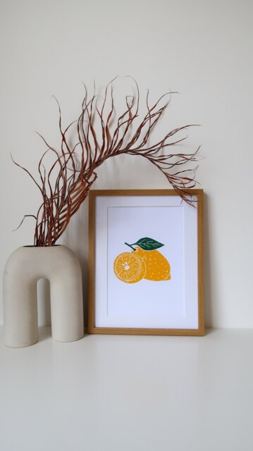 Limone Lino Print - Lemon Colourful Handmade Linocut Home Gallery Wall ...