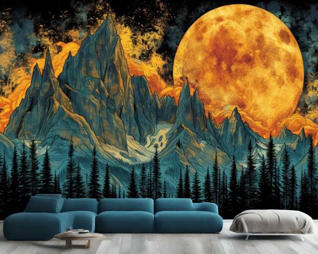 Painting Mountain Full Moon Sky & Trees Gift, Art Print Photomural ...