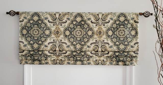 Bottom Pleated Lined Valance - Faux Roman Shade Valance Waverly Medallion Damask - Custom Window ...