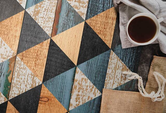 Woody Triangles Invert Linoleum Rug, Bronze Vinyl Mat, Navy Floor Wood ...