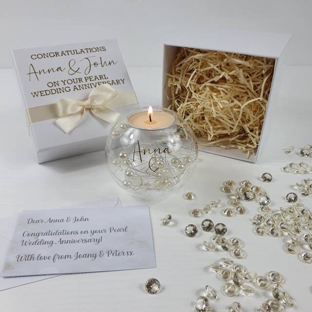 Personalised Pearl Wedding Anniversary Candle Glass Ball Tealight, Gift ...