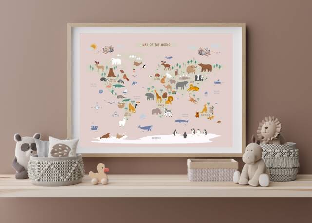 Pink, Animal World Map, Nursery Print, Kids Bedroom Maps, Animals Of ...