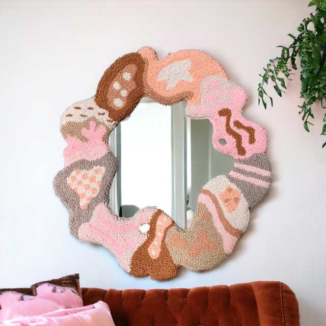 Handmade Tufted Mirror, Modern Round Punch Needle Pastel Pink Melting ...