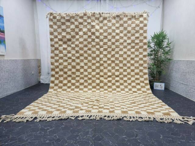 Berber Carpet, Handmade Moroccan Rug, Checker Beni Ourain Beige & White ...