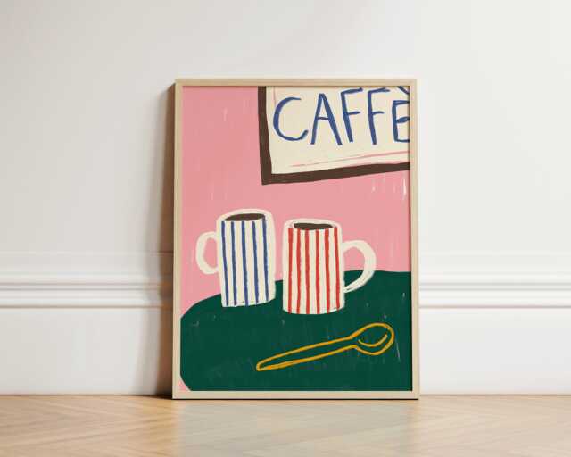 Caff?? Stripe Mugs Print, Coffee Poster, Kitchen Wall Art, Decor, Aesthetic Cafe Trendy Unframed ...