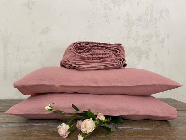 Dusty Rose Linen Sheet Set Fitted Sheed, Flat Sheet & 2 Pillowcases ...