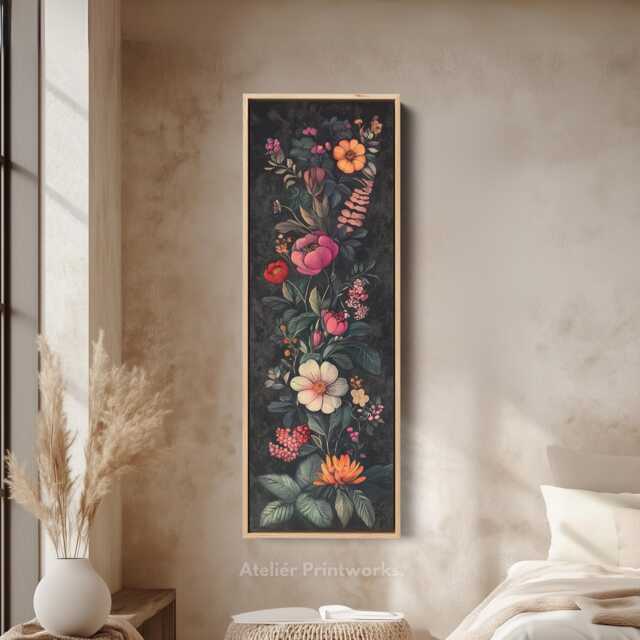 Floral Watercolour Wall Art Long Skinny Narrow Canvas, Tall Vertical Art, Framed Decor, Large ...