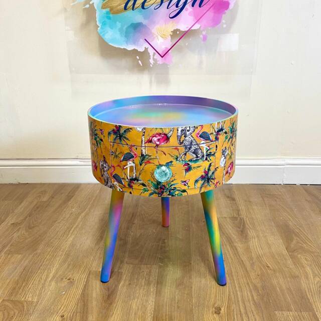 Round Rainbow Swirl Nightstand With Drawer, Yellow Leopard Bedside ...