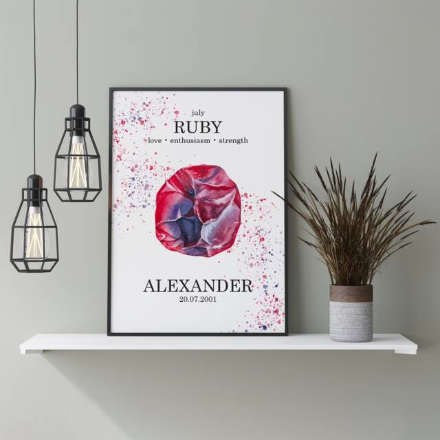 Personalised Ruby July Birthstone Watercolour Splash A3, A4, 5x7 & 4x6 ...