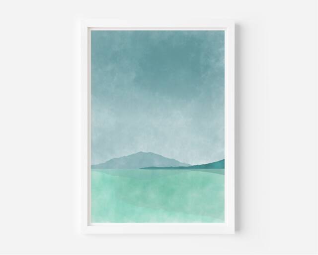 Geometric Arctic Ocean Mountains Poster, Mid Century Teal Minimalist ...