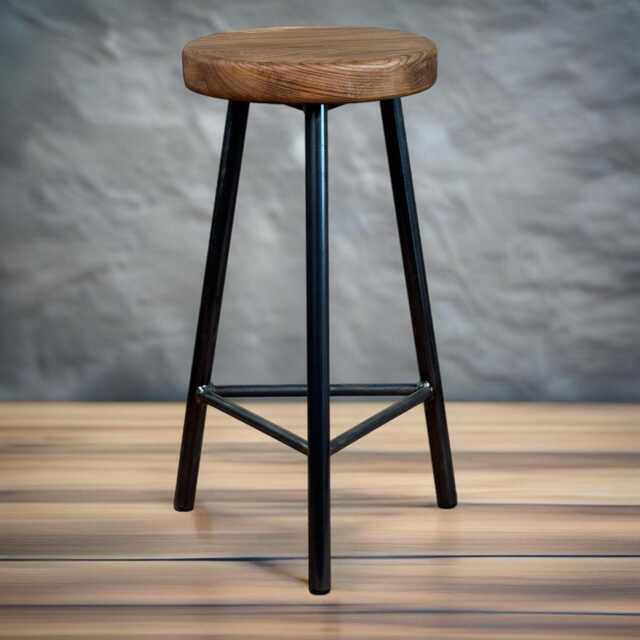 Handmade Three-Legged Elm Wood Bar Stool - Industrial Steel Frame ...