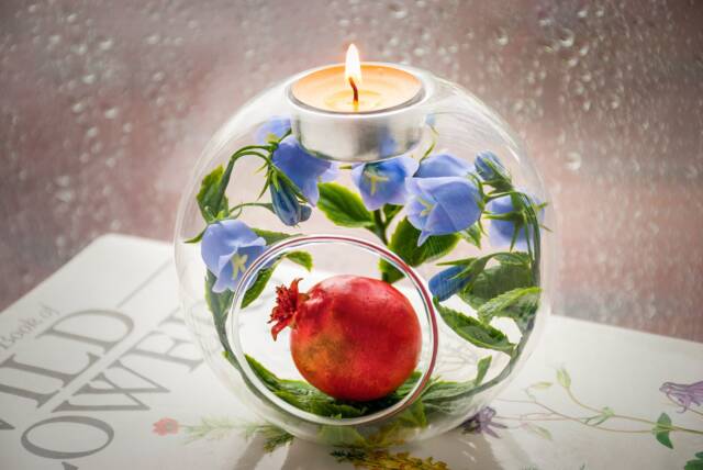 Glass Ball Candle Holder, Round Candleholder With Pomegranate & Blue ...