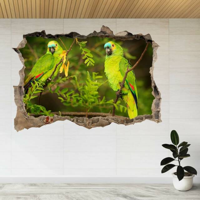 Portrait Two Green Parrots Nature 3D Smashed View Wall Sticker Poster ...