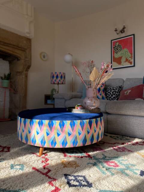 Large Round Footstool With Navy Velvet & Linwood Geometric Print by ...
