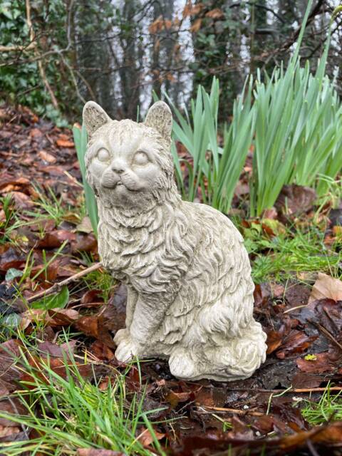 Furry Cat Stone Statue - Reconstituted Kitty Animal Concrete Garden ...
