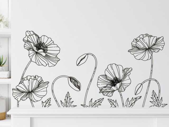 Poppy Line Art Wall Decal, Flowers Sticker, Botanical Decals, Poppies ...