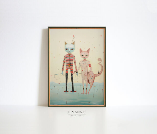 Duo Cats Print, Wild Colourful Wall Art, Couple Canvas, Poster, Cat ...