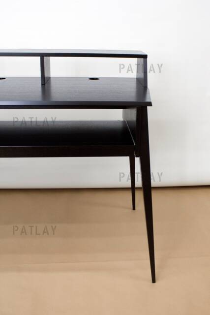 Black Piano-Drawer Desk With Monitor Stand & Wooden Legs, Custom Studio ...