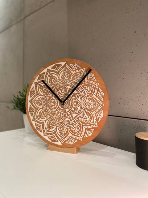 Mandala 1/2 Wall Clock - Boho Clock Engraved Filled With White Resin ...