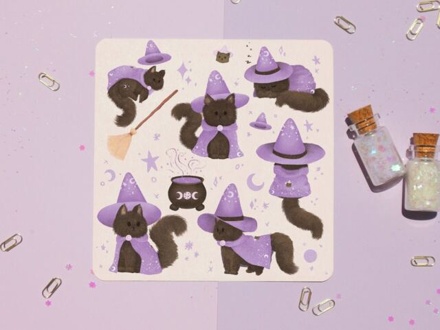 Cute Black Witch Cat Art Print - Kawaii & Aesthetic Illustration Wall ...