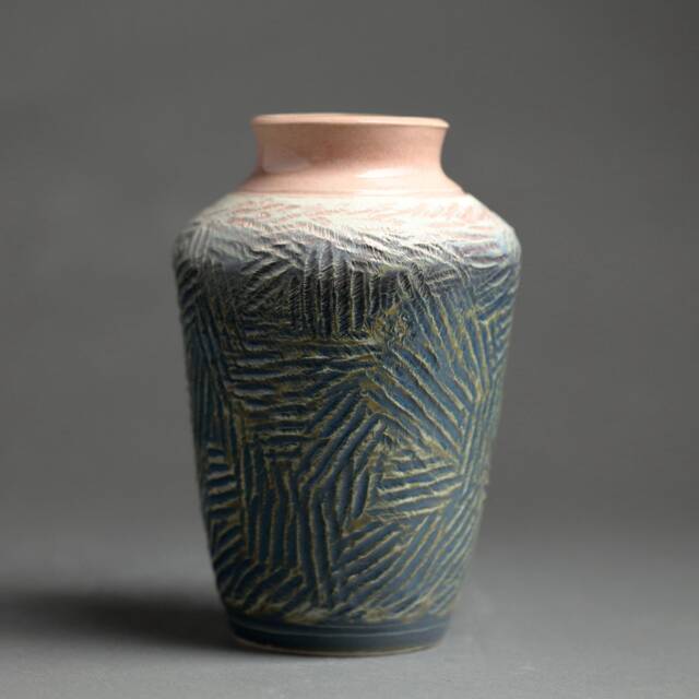 Artisan Handcrafted Ceramic Vase in Pink & Blue/Green With Carving ...
